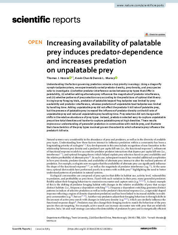 (PDF) Increasing availability of palatable prey induces predator ...