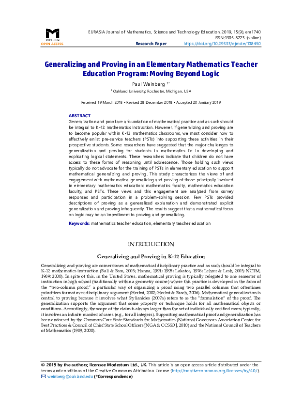 (PDF) Generalizing and Proving in an Elementary Mathematics Teacher ...