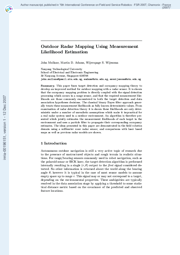 (PDF) Outdoor Radar Mapping Using Measurement Likelihood Estimation