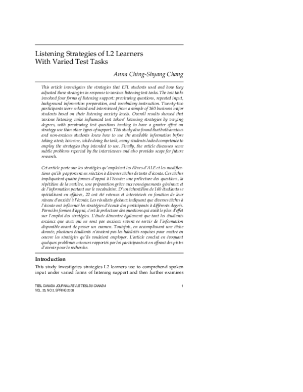 (PDF) Listening Strategies of L2 Learners with Varied Test Tasks