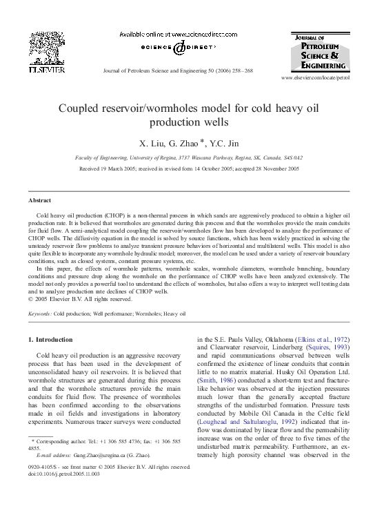 (PDF) Coupled reservoir/wormholes model for cold heavy oil production wells