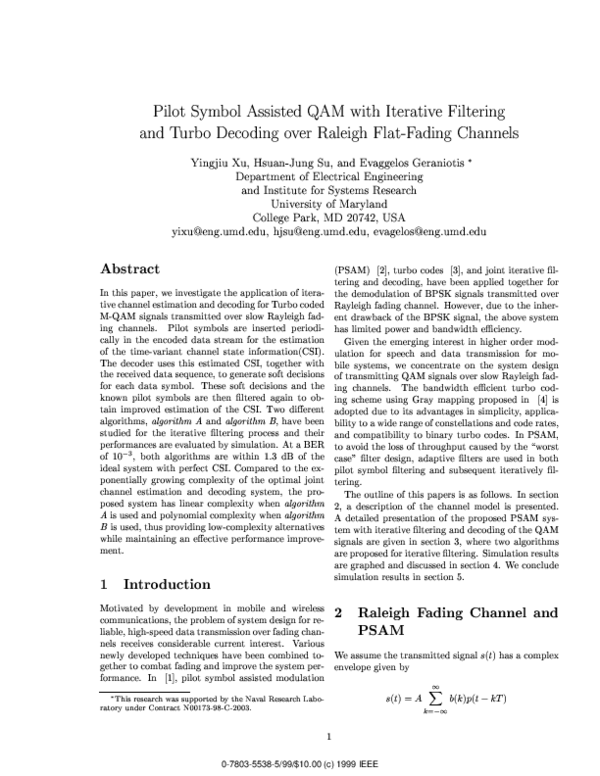 (PDF) Pilot symbol assisted QAM with iterative filtering and turbo decoding over Rayleigh flat ...