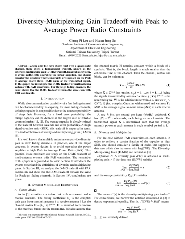 (PDF) Diversity-multiplexing gain tradeoff with peak to average power ratio constraints | Hsuan ...