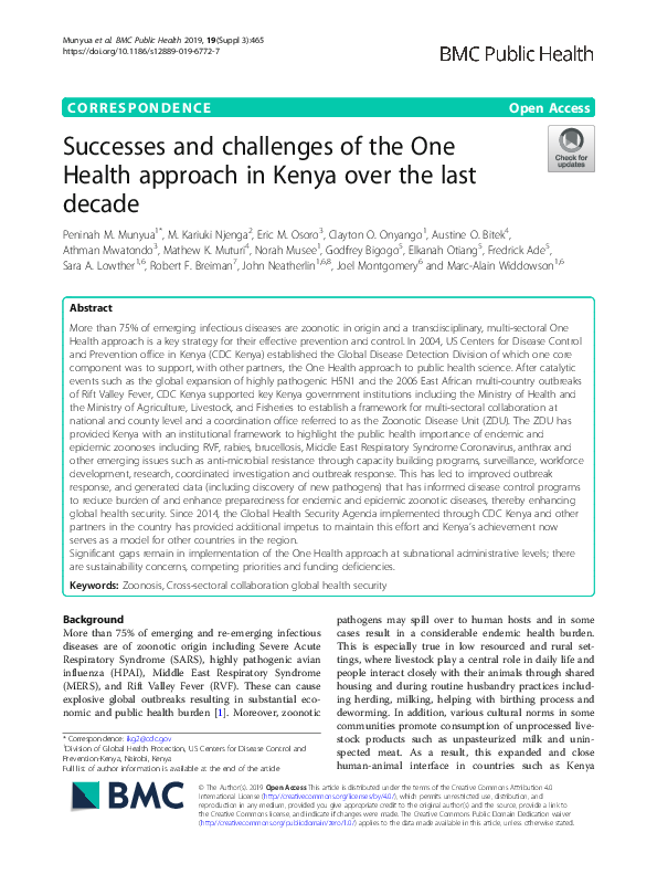 (PDF) Successes and challenges of the One Health approach in Kenya over ...