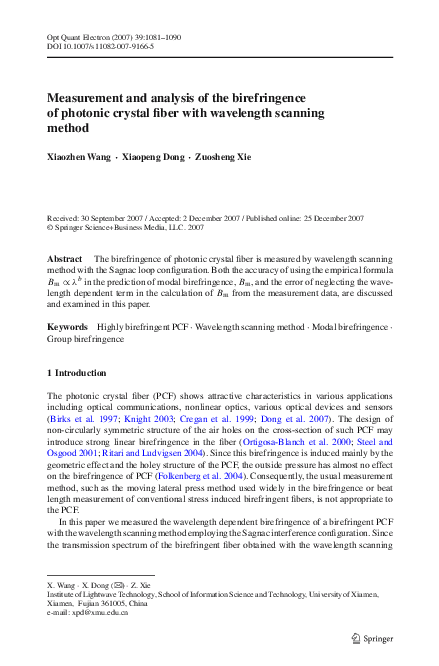 (PDF) Measurement and analysis of the birefringence of photonic crystal fiber with wavelength ...