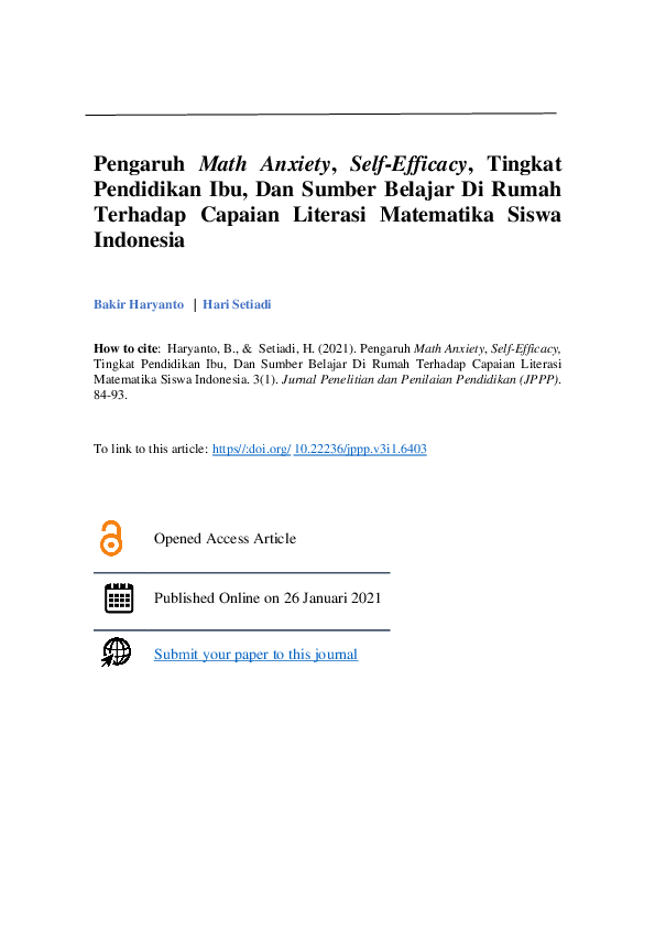 (PDF) Pengaruh Math Anxiety, Self-Efficacy, Tingkat Pendidikan Ibu, Dan Sumber Belajar DI Rumah ...