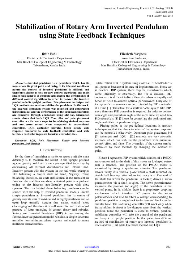 (PDF) Stabilization of Rotary Arm Inverted Pendulum using State ...