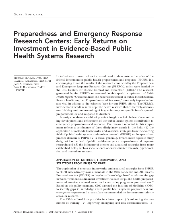 (PDF) Preparedness and emergency response research centers: early ...