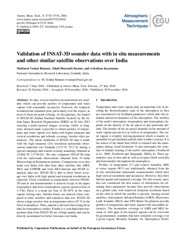 (PDF) Validation of INSAT-3D sounder data with in-situ measurements and ...