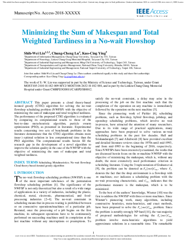 Pdf Minimizing The Sum Of Makespan And Total Weighted Tardiness In A No Wait Flowshop