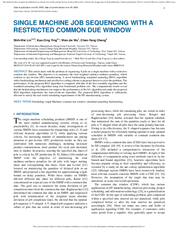 (PDF) Single Machine Job Sequencing with a Restricted Common Due Window