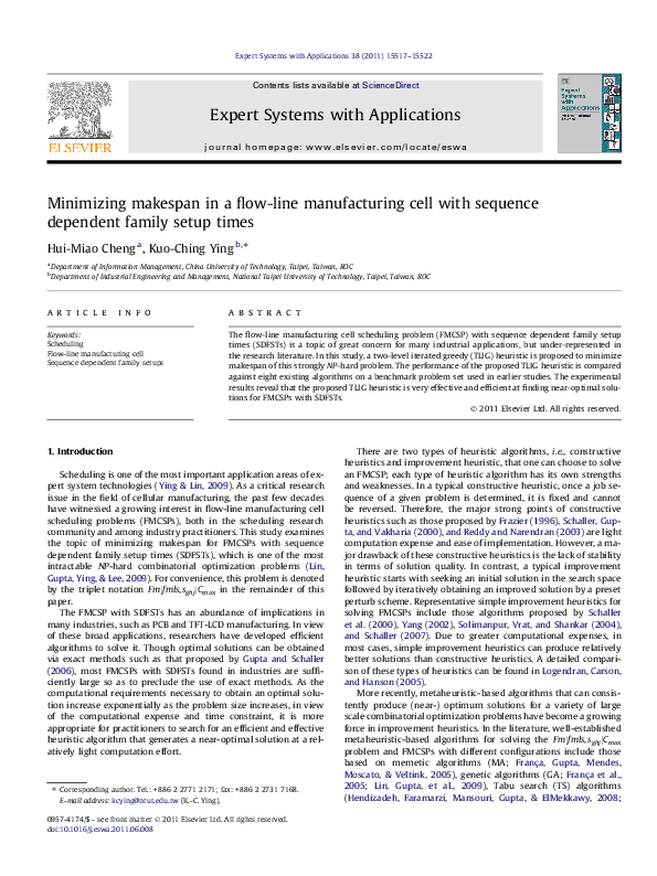 Pdf Minimizing Makespan In A Flow Line Manufacturing Cell With
