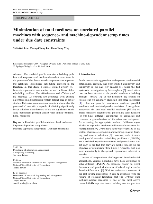 Pdf Minimization Of Total Tardiness On Unrelated Parallel Machines With Sequence And Machine
