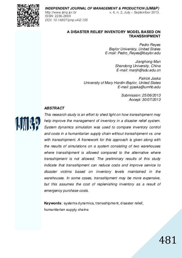 (PDF) A Disaster Relief Inventory Model Based on Transshipment