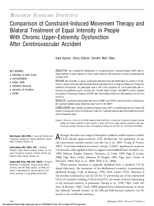 (PDF) Comparison of Constraint-Induced Movement Therapy and Bilateral ...