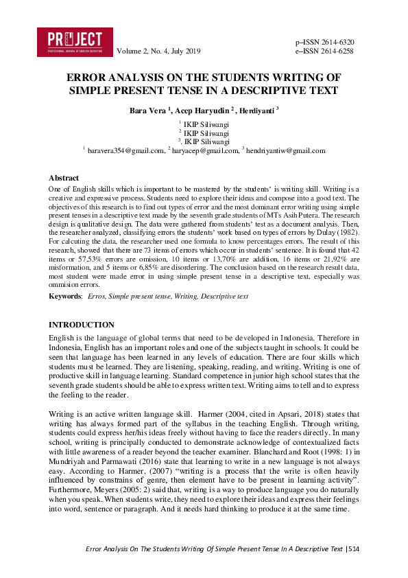 (PDF) Error Analysis on the Students Writing of Simple Present Tense in a Descriptive Text