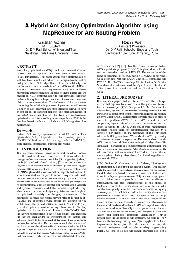Pdf A Hybrid Ant Colony Optimization Algorithm Using Mapreduce For Arc Routing Problem