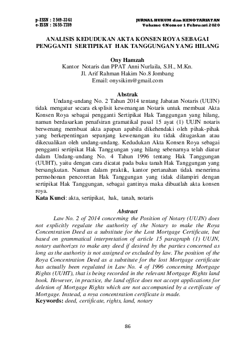 (PDF) Analisis Kedudukan Akta Konsen Roya Sebagai Pengganti Sertipikat ...
