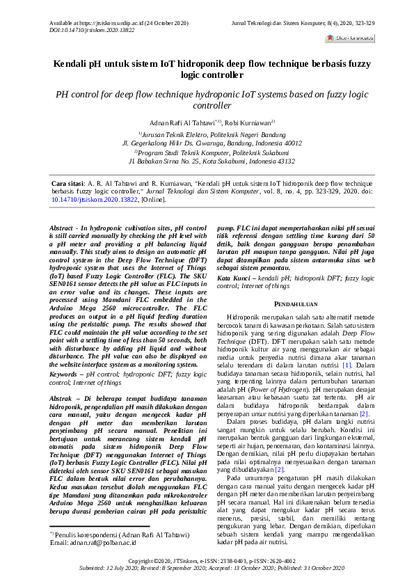 Pdf Ph Control For Deep Flow Technique Hydroponic Iot Systems Based On Fuzzy Logic Controller