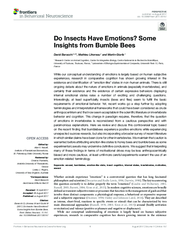 (PDF) Do Insects Have Emotions? Some Insights from Bumble Bees