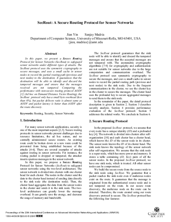 Pdf Secrout A Secure Routing Protocol For Sensor Networks 5673