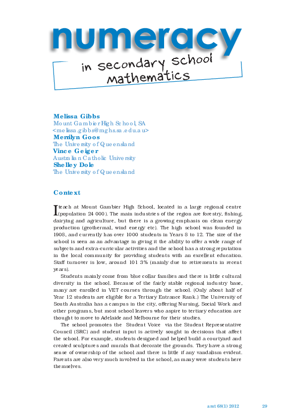 (PDF) Numeracy in secondary school mathematics