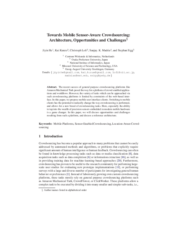 Pdf Towards Mobile Sensor Aware Crowdsourcing Architecture Opportunities And Challenges