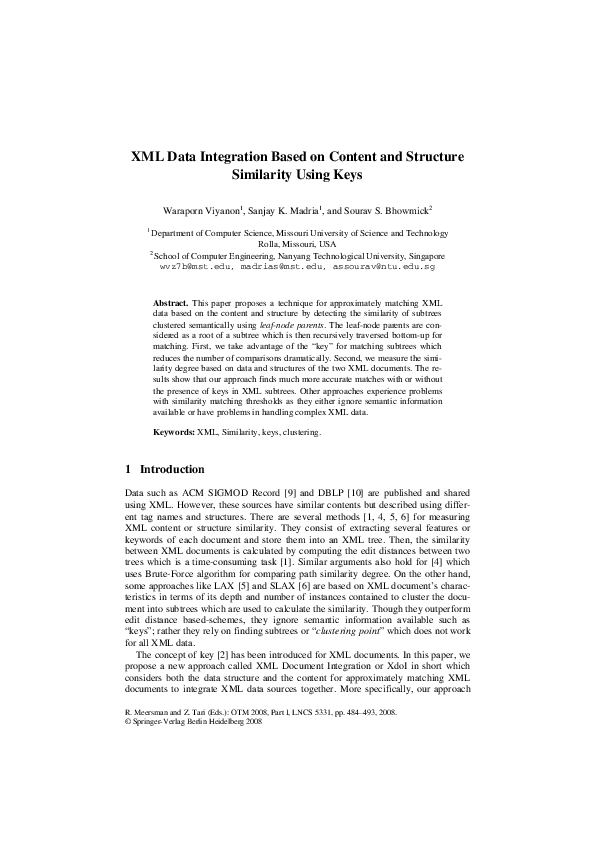 Pdf Xml Data Integration Based On Content And Structure Similarity Using Keys Sanjay Madria