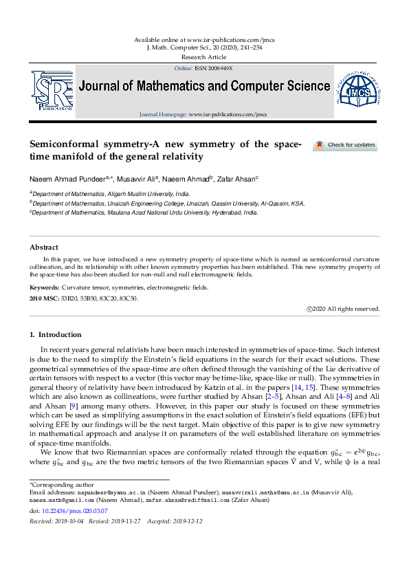 (PDF) Semiconformal symmetry-A new symmetry of the space-time manifold ...