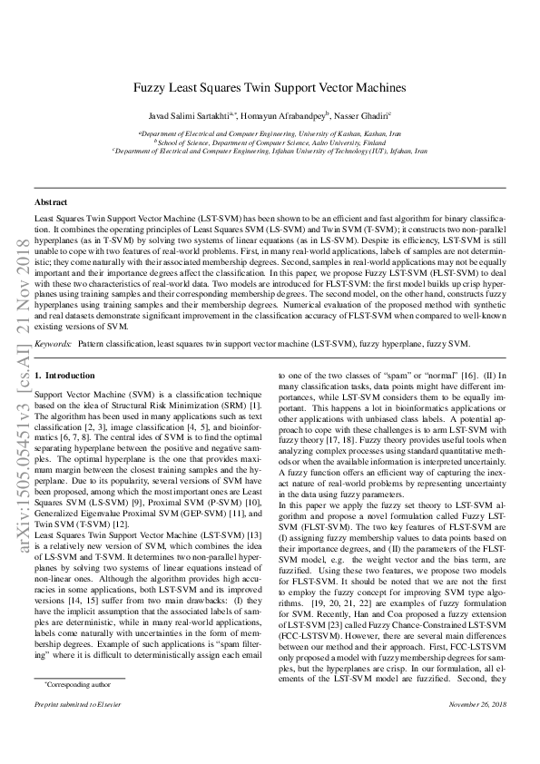 (PDF) Fuzzy least squares twin support vector machines | Nasser Ghadiri - Academia.edu