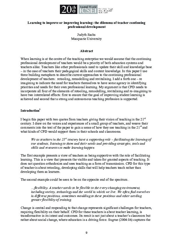 (PDF) Learning to improve or improving learning: the dilemma of teacher continuing professional ...