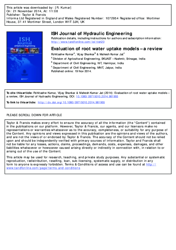 (PDF) Evaluation of root water uptake models – a review