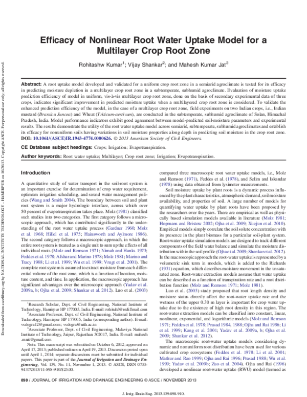 (PDF) Efficacy of Nonlinear Root Water Uptake Model for a Multilayer ...