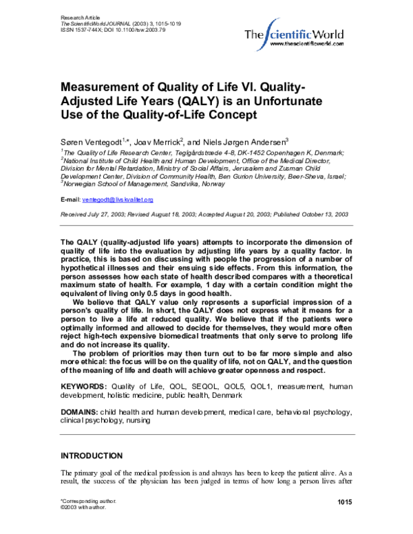 (PDF) Measurement of quality of life VI. Quality-adjusted life years ...
