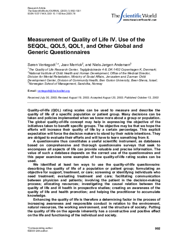 (PDF) Measurement of quality of life IV. Use of the SEQOL, QOL5, QOL1 ...