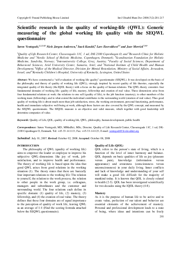 (PDF) Scientific research in the quality of working-life (QWL): Generic ...