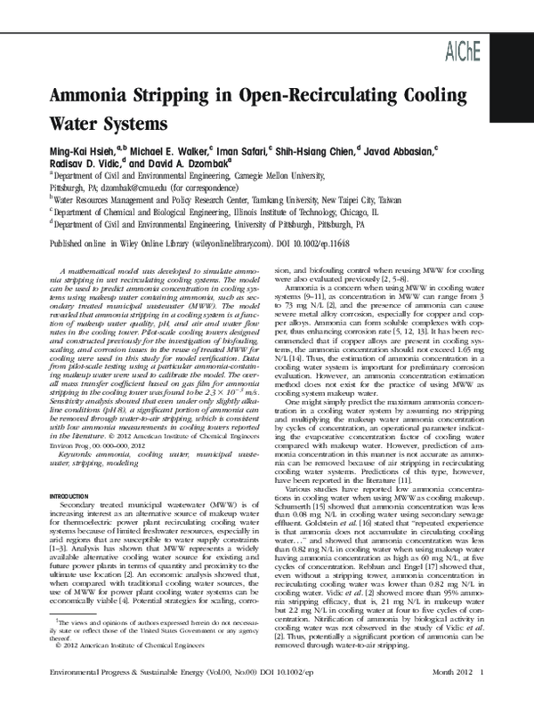 (PDF) Ammonia stripping in open-recirculating cooling water systems