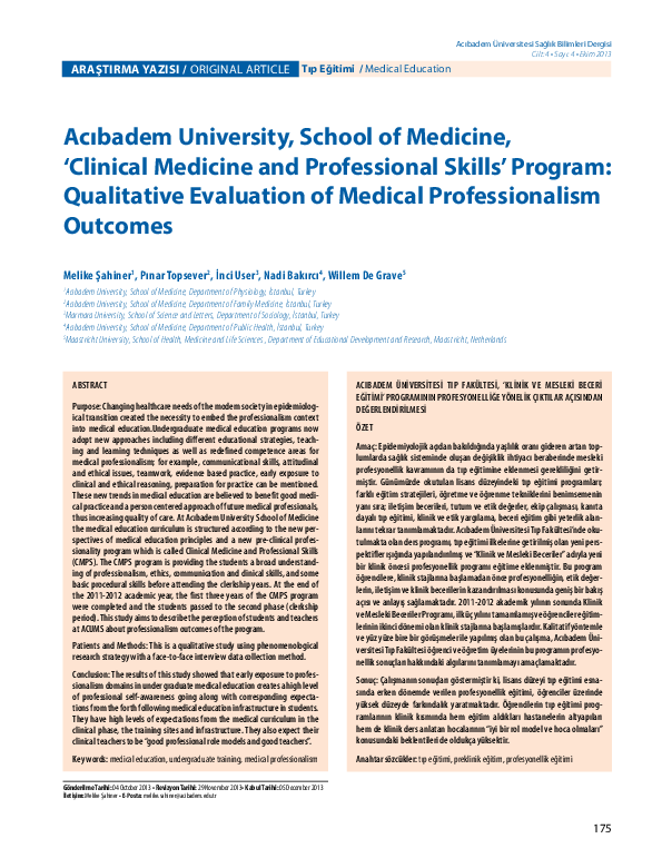 (PDF) Acıbadem University, School of Medicine, ‘Clinical Medicine and ...