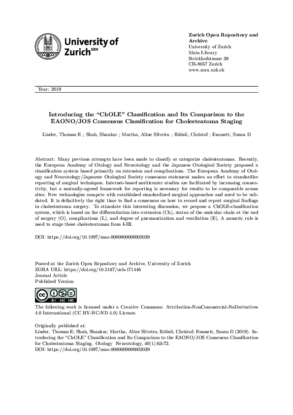 (PDF) Introducing the “ChOLE” Classification and Its Comparison to the ...