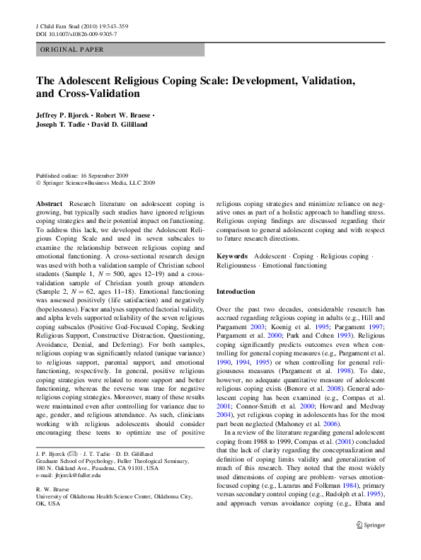 (PDF) The Adolescent Religious Coping Scale: Development, Validation, and Cross-Validation