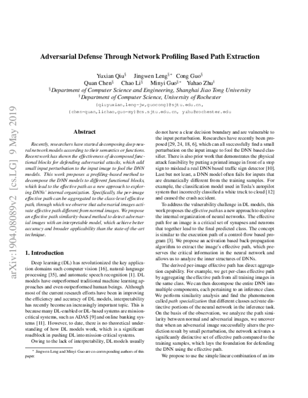 (PDF) Adversarial Defense Through Network Profiling Based Path Extraction