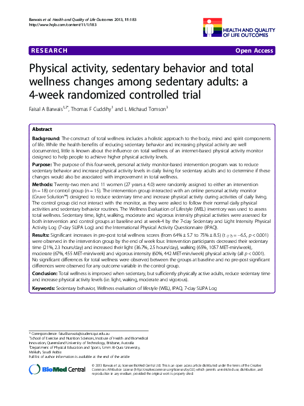 (PDF) Physical activity, sedentary behavior and total wellness changes among sedentary adults: a ...