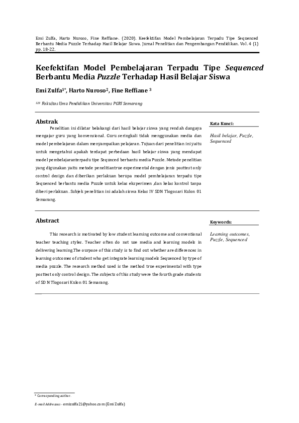 (PDF) Keefektifan Model Pembelajaran Terpadu Tipe Sequenced Berbantu Media Puzzle Terhadap Hasil ...