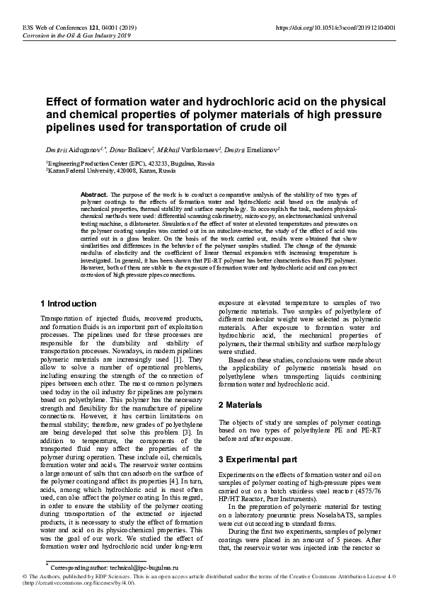 (PDF) Effect of formation water and hydrochloric acid on the physical ...