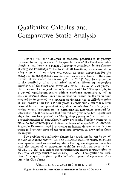 (PDF) Qualitative Calculus and Comparative Static Analysis