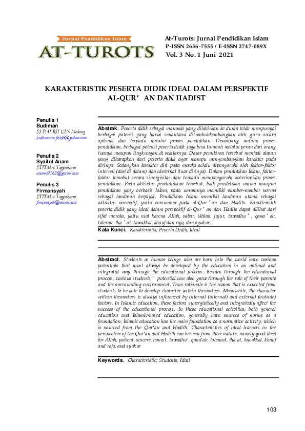 (PDF) Karakteristik Peserta Didik Ideal Dalam Perspektif Al-Qur’An Dan Hadist