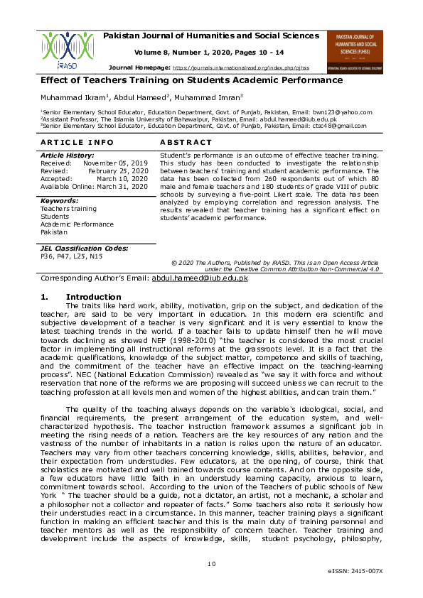 Pdf Effect Of Teachers Training On Students Academic Performance