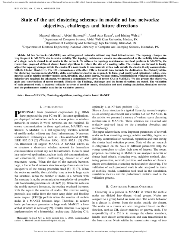 Pdf State Of The Art Clustering Schemes In Mobile Ad Hoc Networks Objectives Challenges And