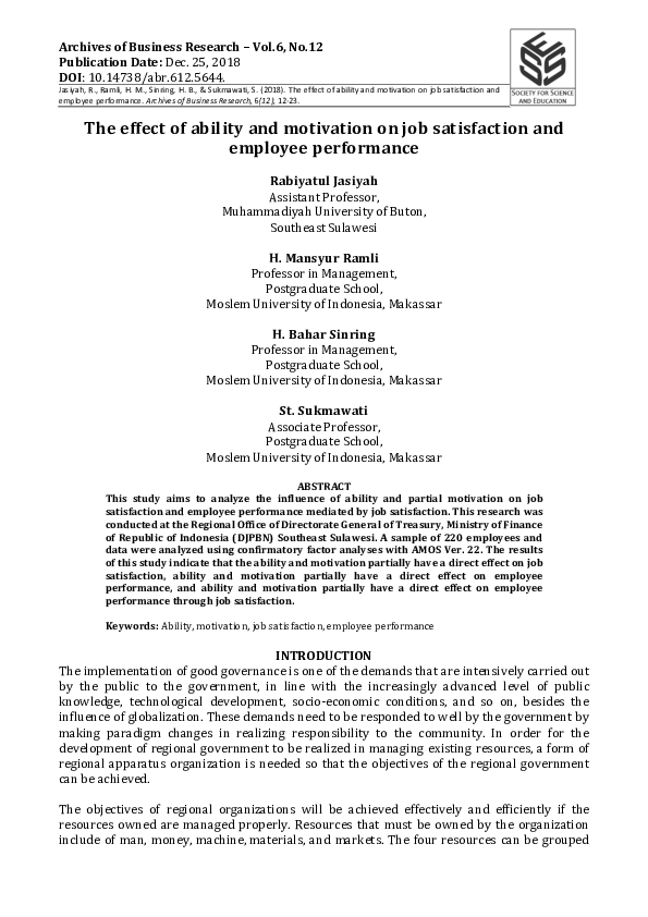 (PDF) The effect of ability and motivation on job satisfaction and ...