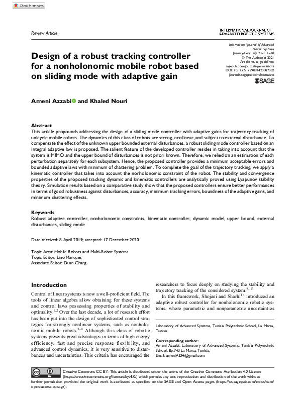 (PDF) Design of a robust tracking controller for a nonholonomic mobile robot based on sliding ...